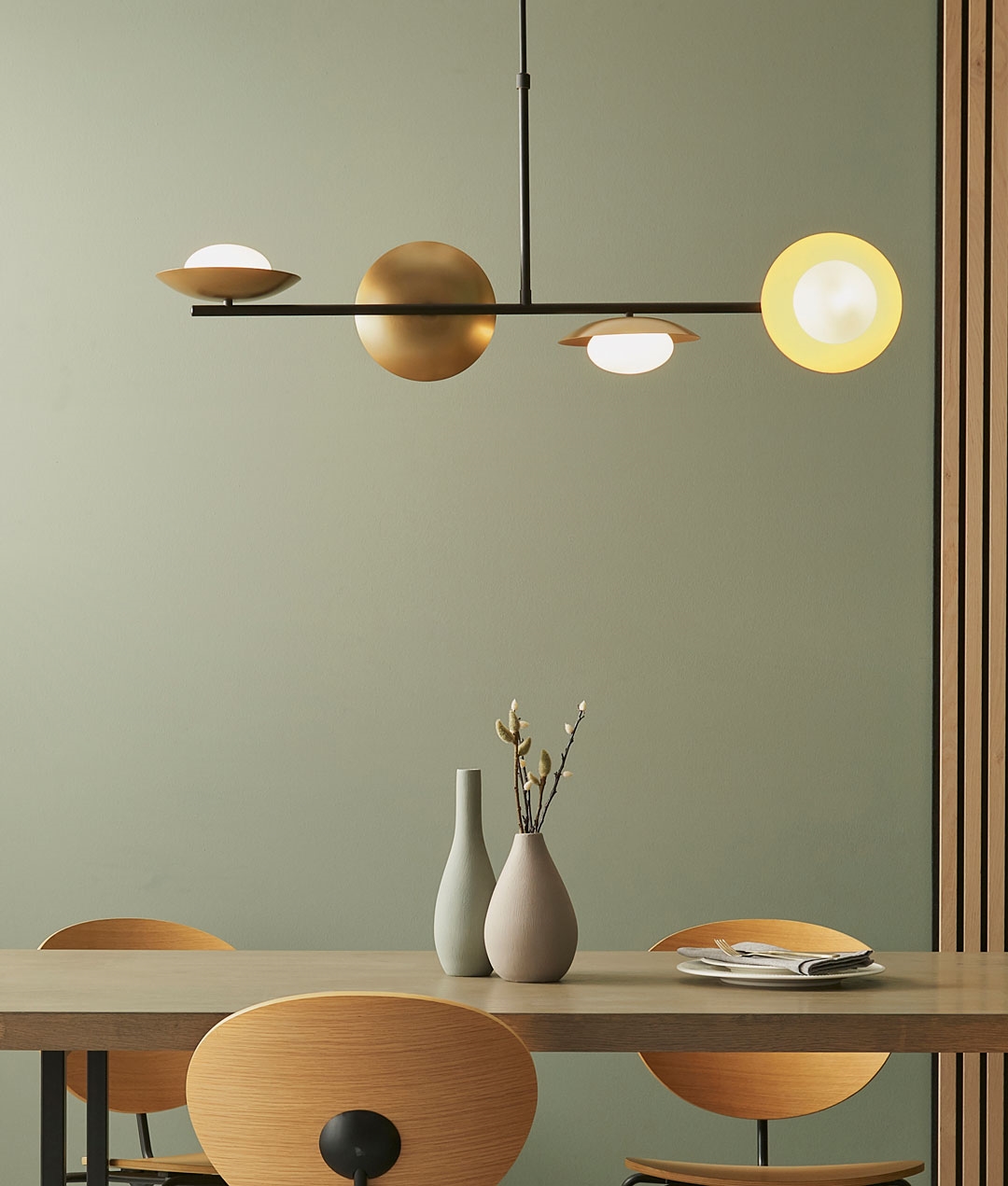 4 Light Bar Pendant in Dark Bronze with Gold and Opal Glass Shades