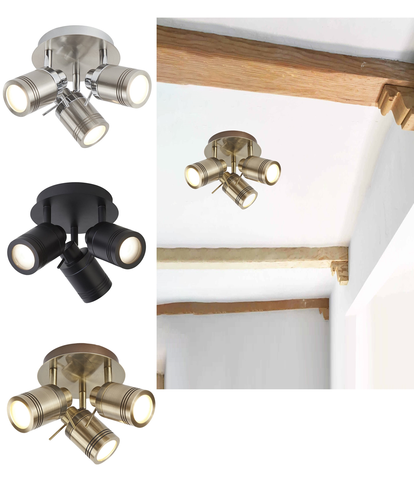 IP44 Adjustable 3 Light Round Spot Plate in Brass, nickel or black ...