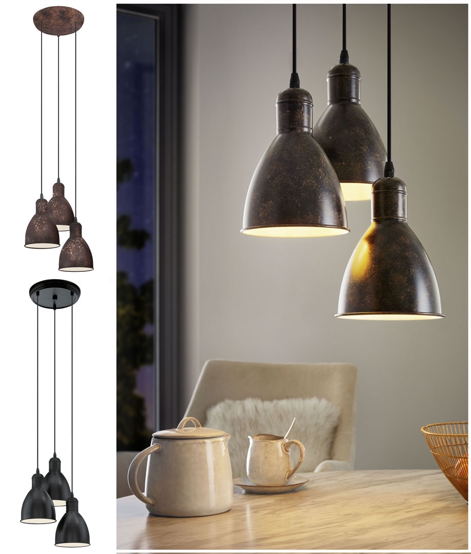3 Light Pendant with Staggered Drop - Black or Distressed Copper Paint