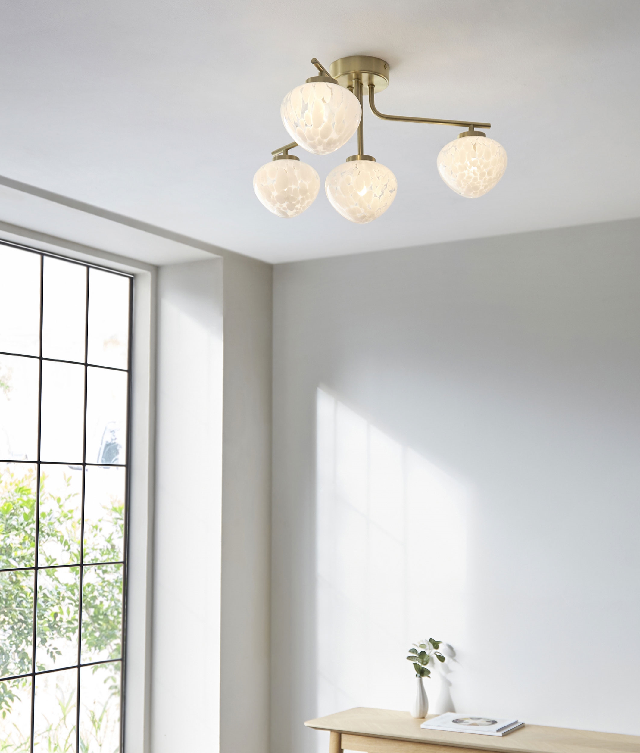 Timeless Decorative 4 Lamp Flat Ceiling Light - Brass & White & Clear ...