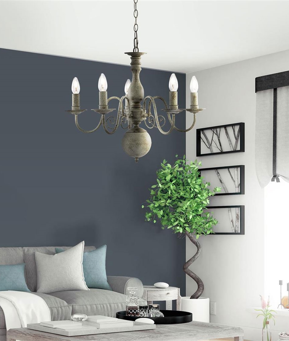 5 Arm Textured Flemish Chandelier - Grey Finish with Vintage Styling