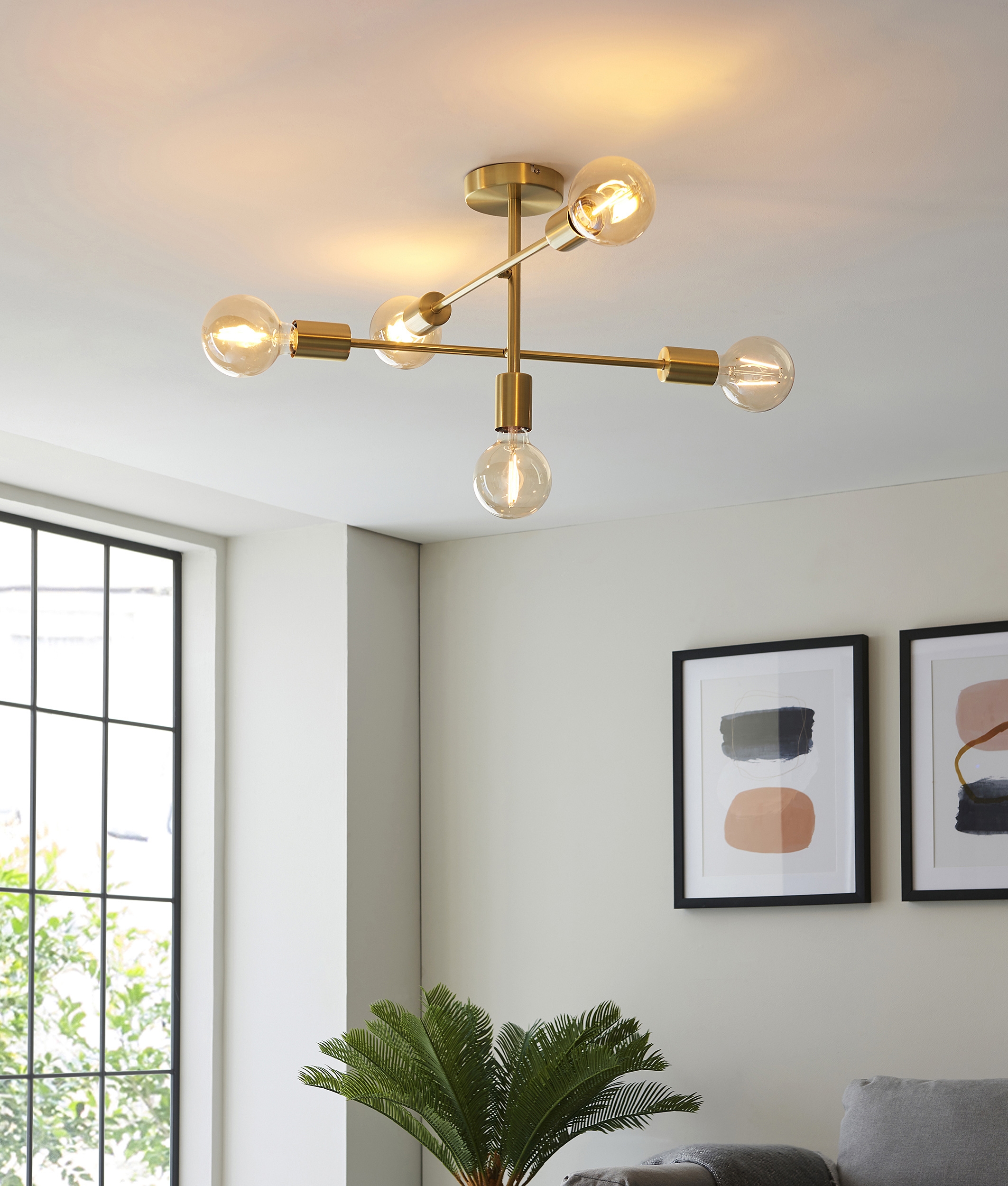5 Bare Lamp Ceiling Light for Low Ceilings in Satin Brass