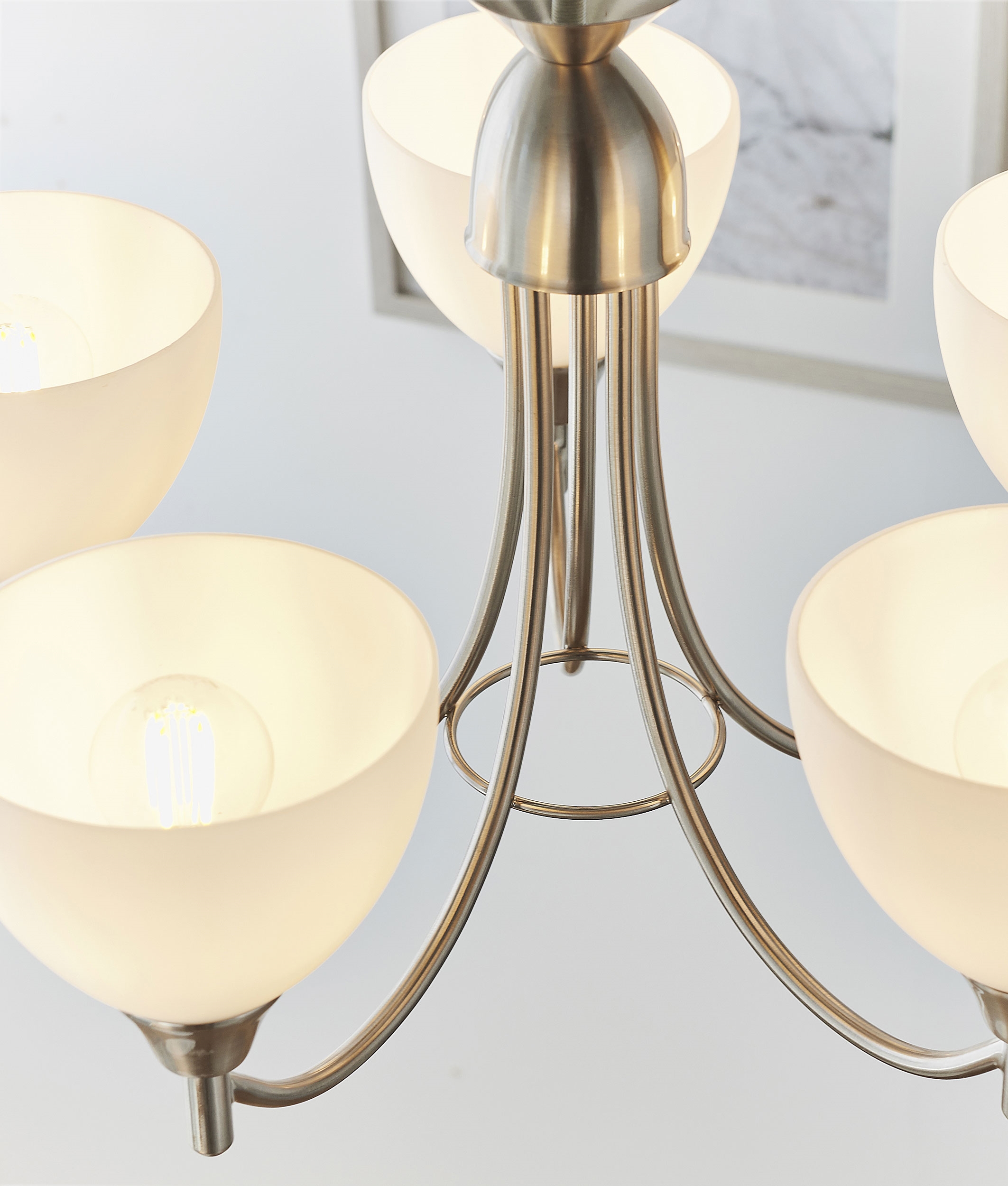 5 Lamp Curved Chain Suspended Chandelier - Chrome or Brass