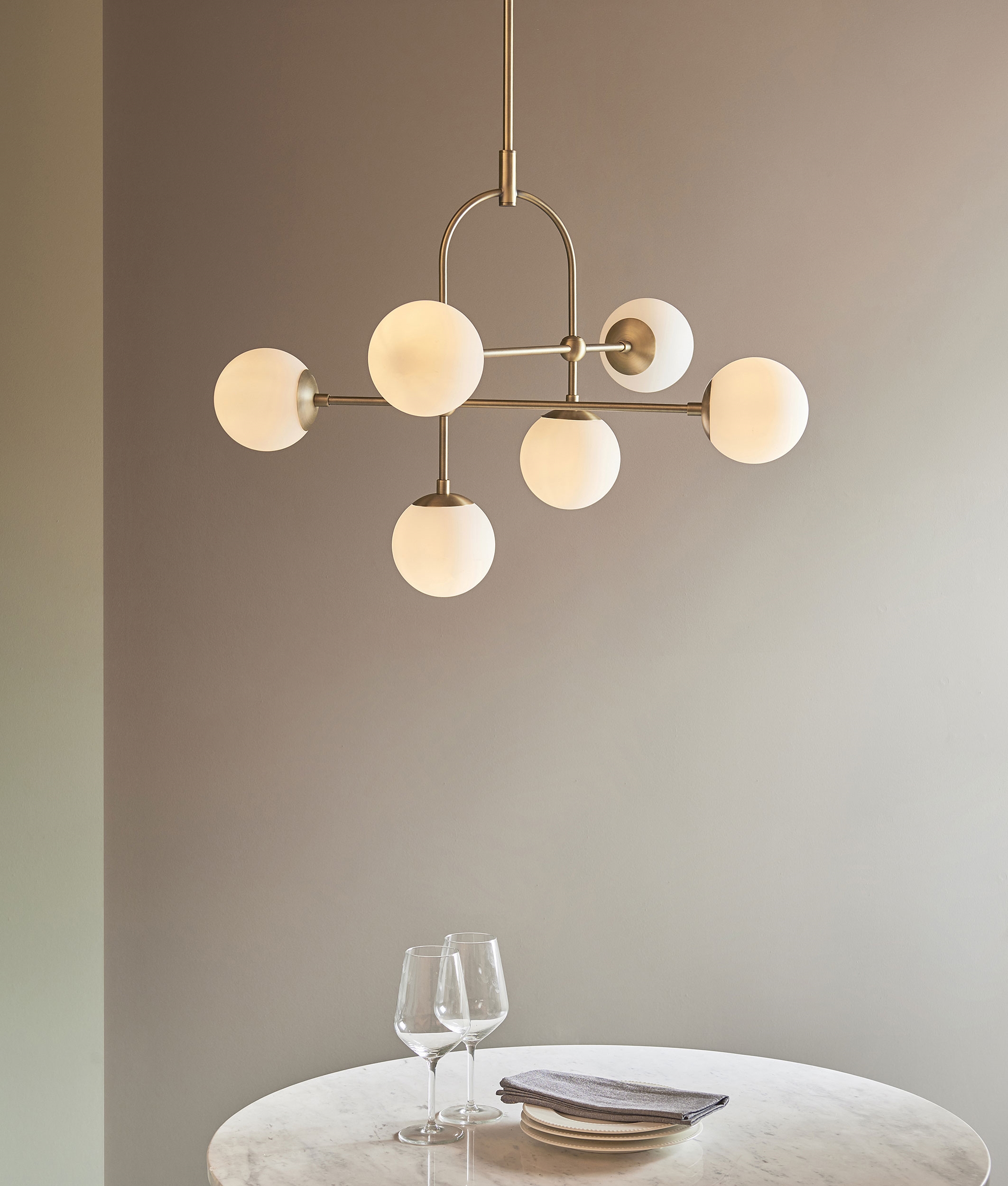 Art Deco Rod Suspended Pendant - Brass & Opal Glass