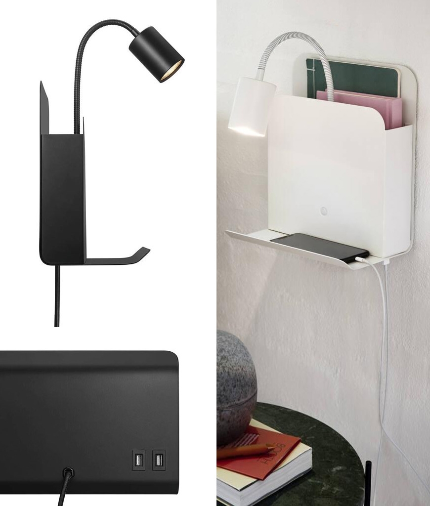 Wall Light with Adjustable Spot Light, USB and Shelf