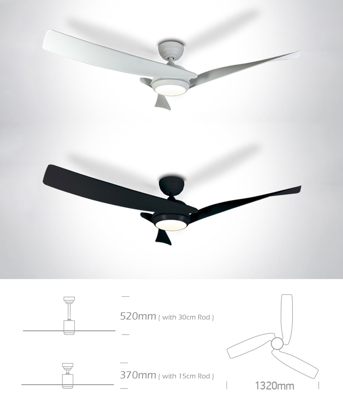 LED Ceiliing Fan in White or Black with Curved Triple Blades