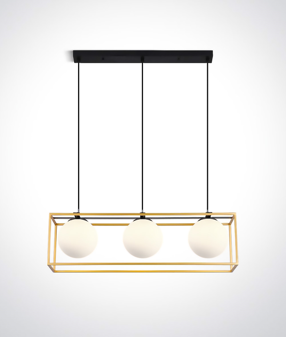 Open Frame Box Light Pendant with 3 Opal Globes - Brass & Black