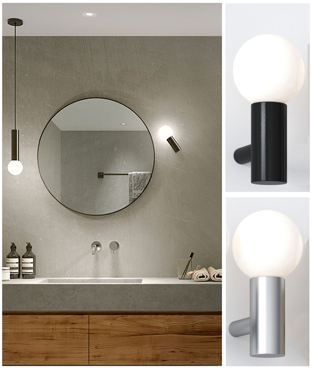 Black or Chrome IP44 Opal Glass Wall Light
