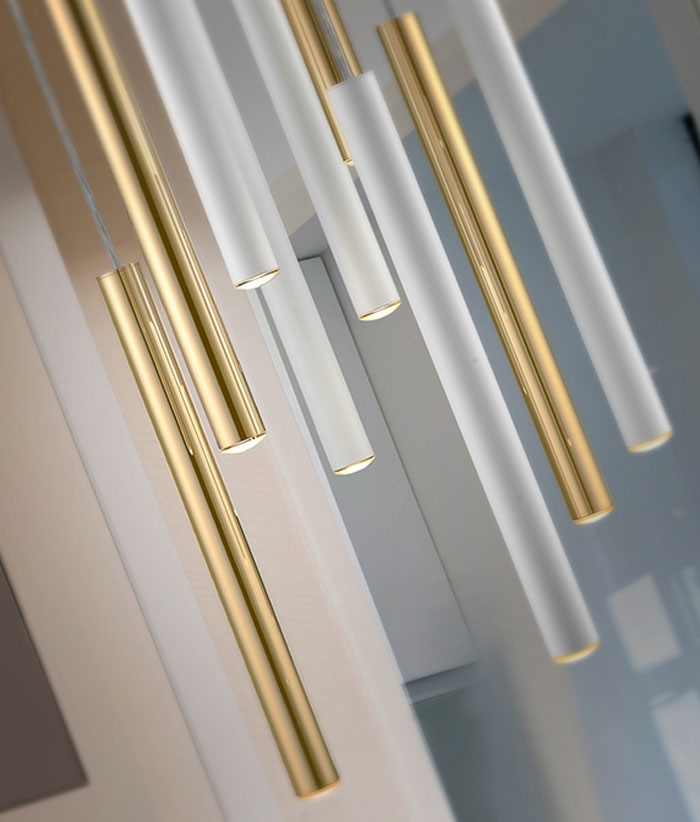 White and Gold LED Tubular 9 Light Pendant - Slim Tubes