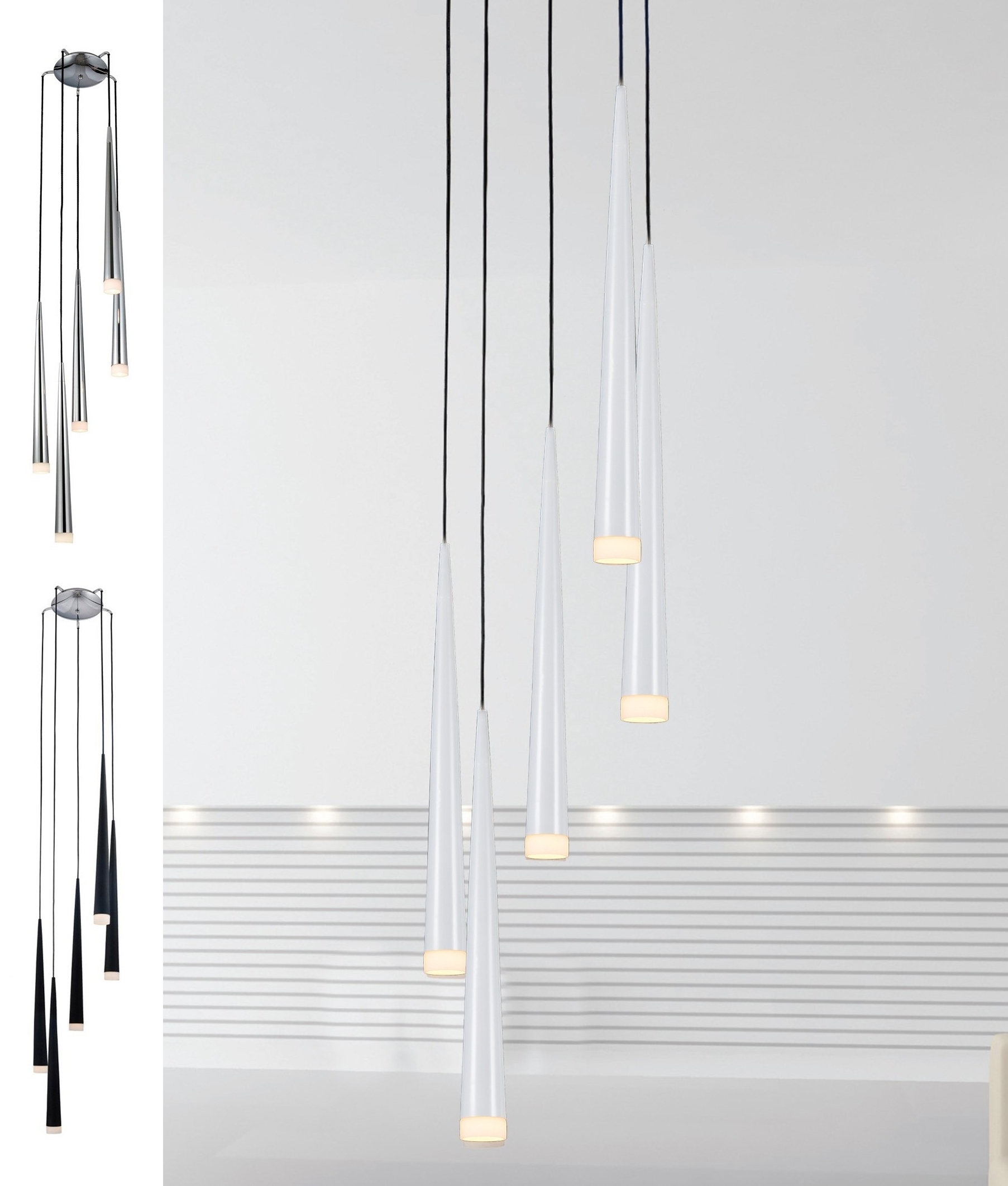 Long Drop Ceiling Cluster Light with 5 Tapered Shades - Black, White or ...