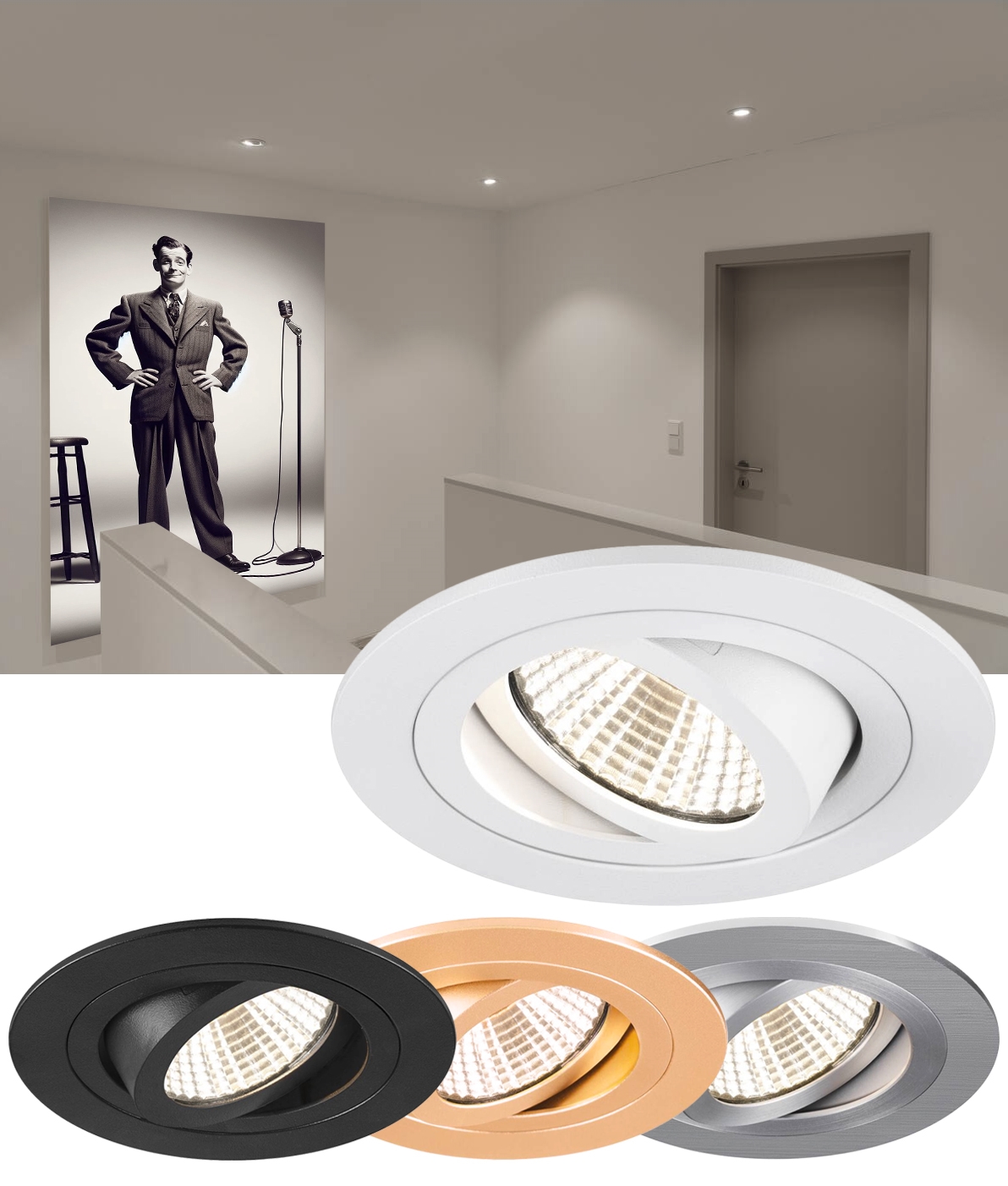 An adjustable mains voltage downlight available in 3 colours: black ...