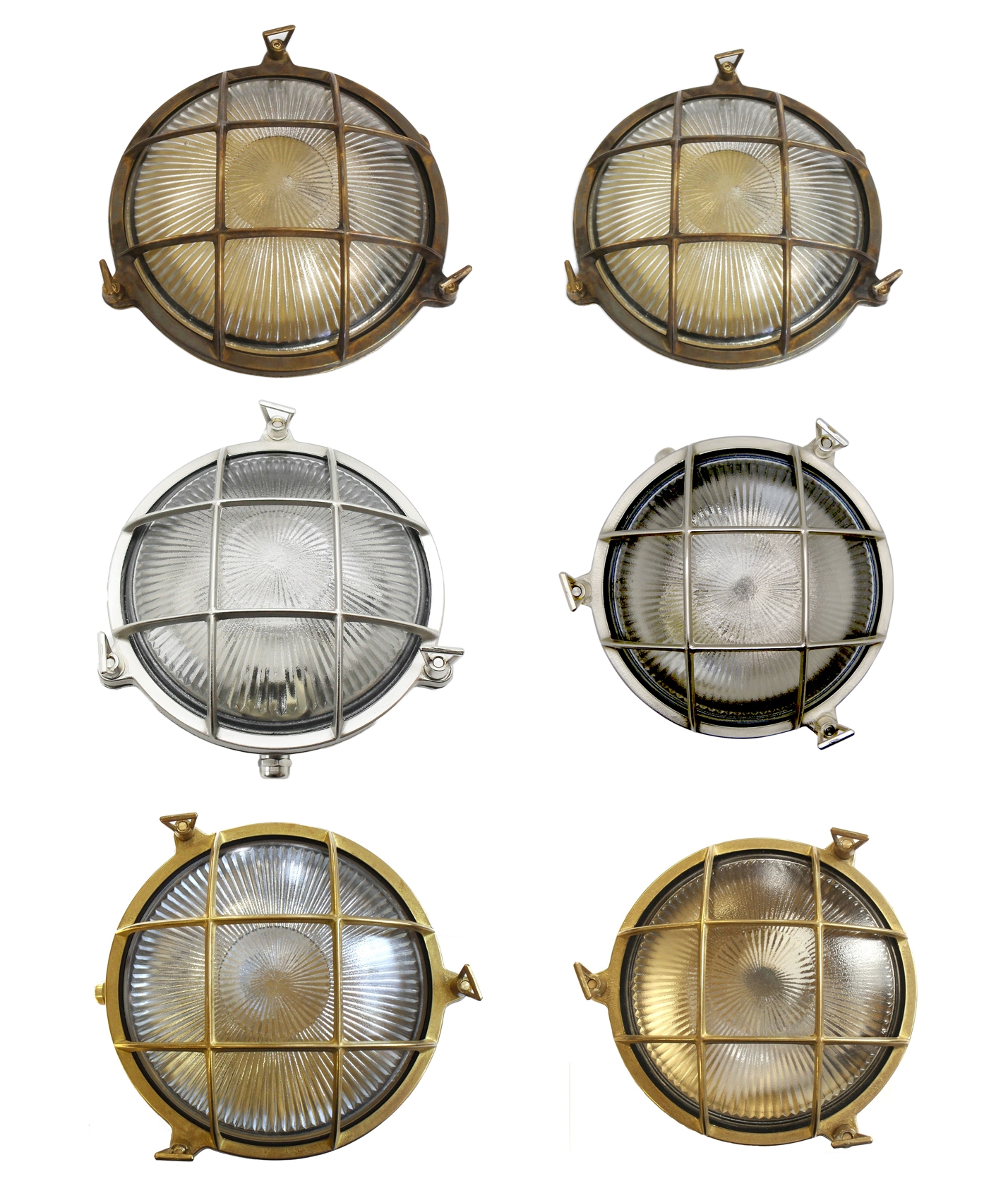 Round Caged Brass Bulkhead Light – Outdoor IP54 Ceiling or Wall Fitting