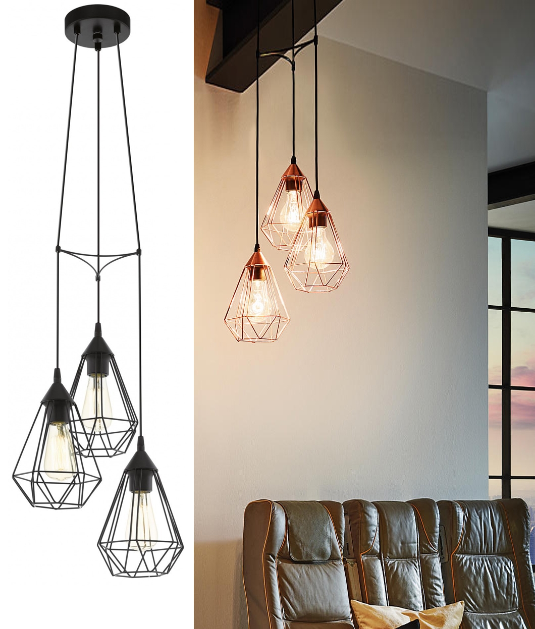 Cluster Light Pendant - Cut Jewel Design cage around lamp in Black or ...
