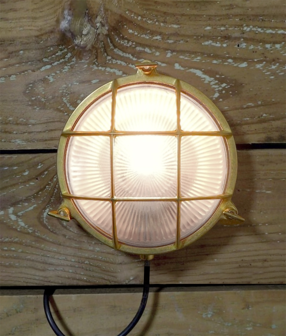 Round Caged Brass Bulkhead Light – Outdoor IP54 Ceiling or Wall Fitting