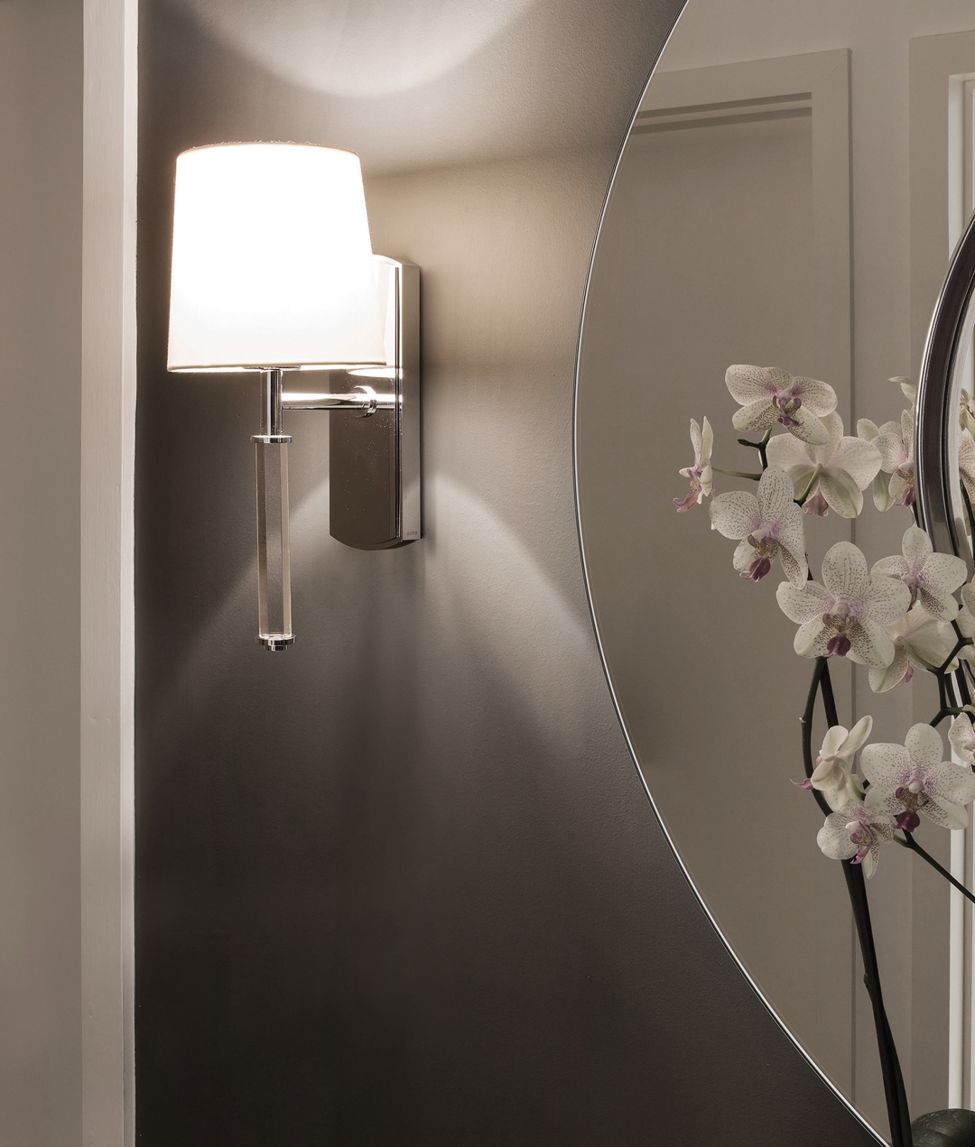 Chrome Stem Wall Light With Glass Detail - 3 fabric shade options