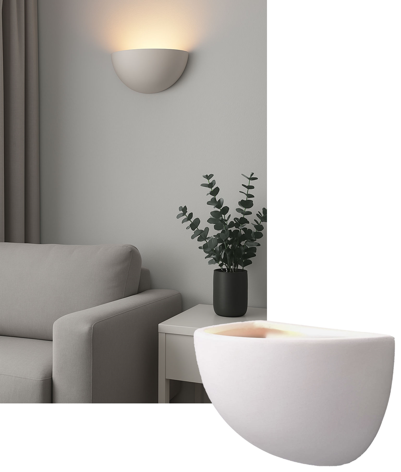 Unglazed Ceramic Wall Light - Half Moon Shape - Uplights