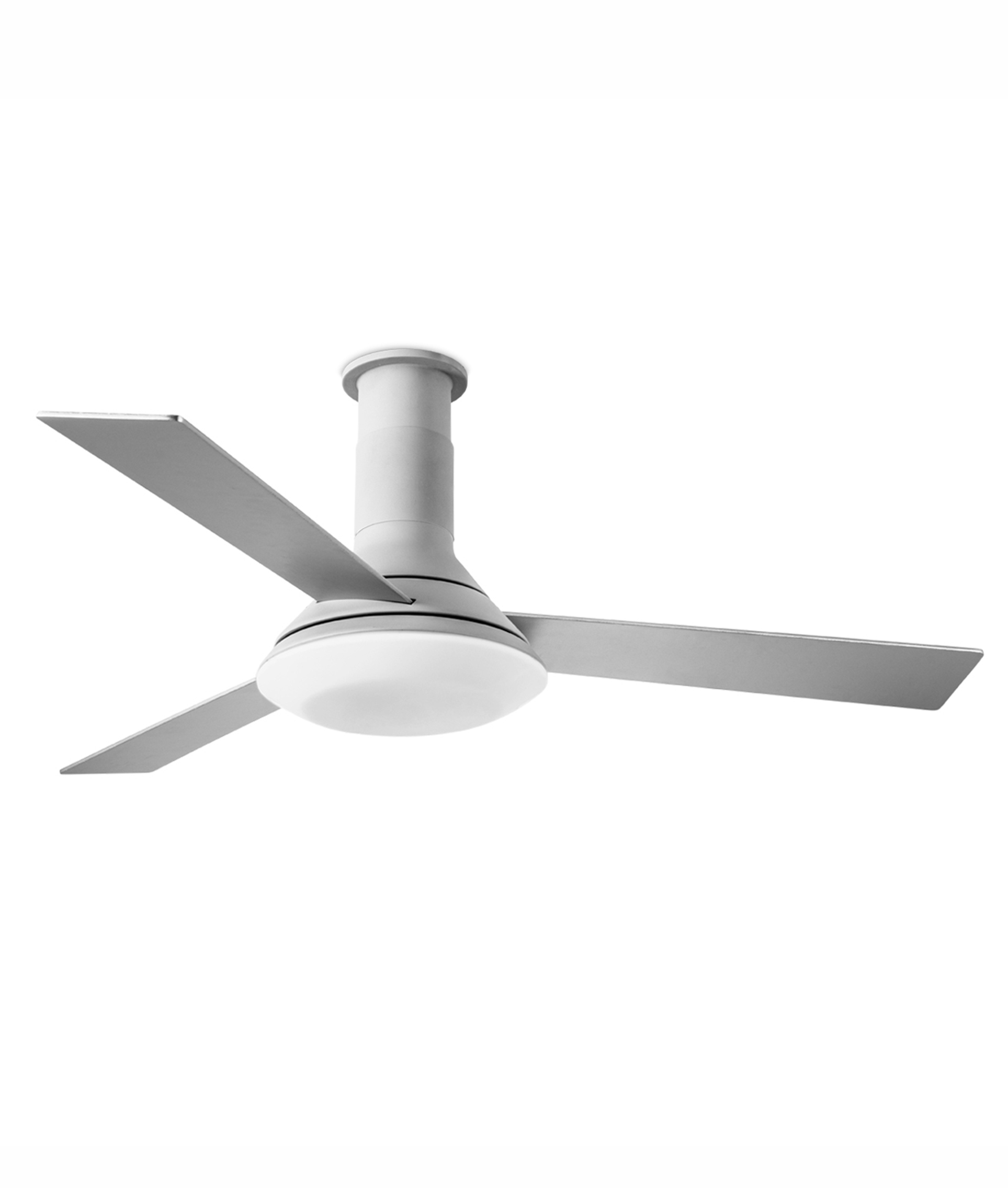 White or grey reversible ceiling fan with central opal glass light