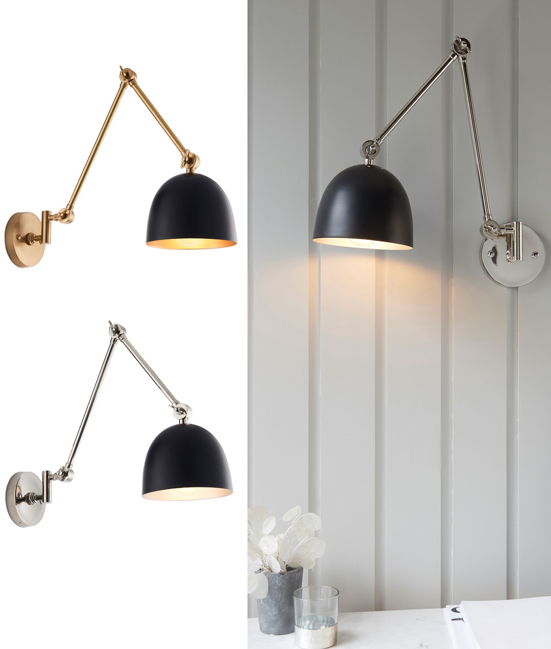 Highly Adjustable Swing Arm Shaded Wall Light in Brass or Nickel