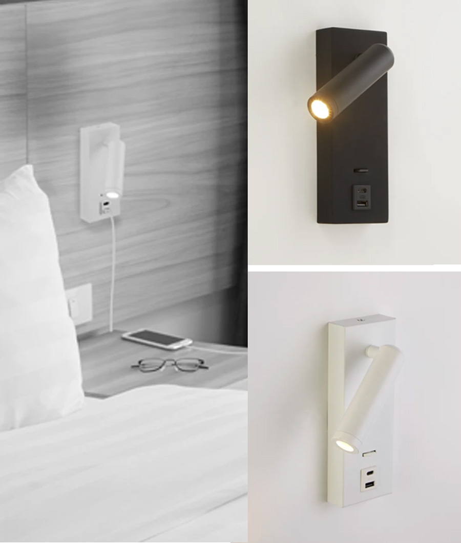 Wall Light for Bedside with Adjustable Spotlight & USB + USBc Sockets