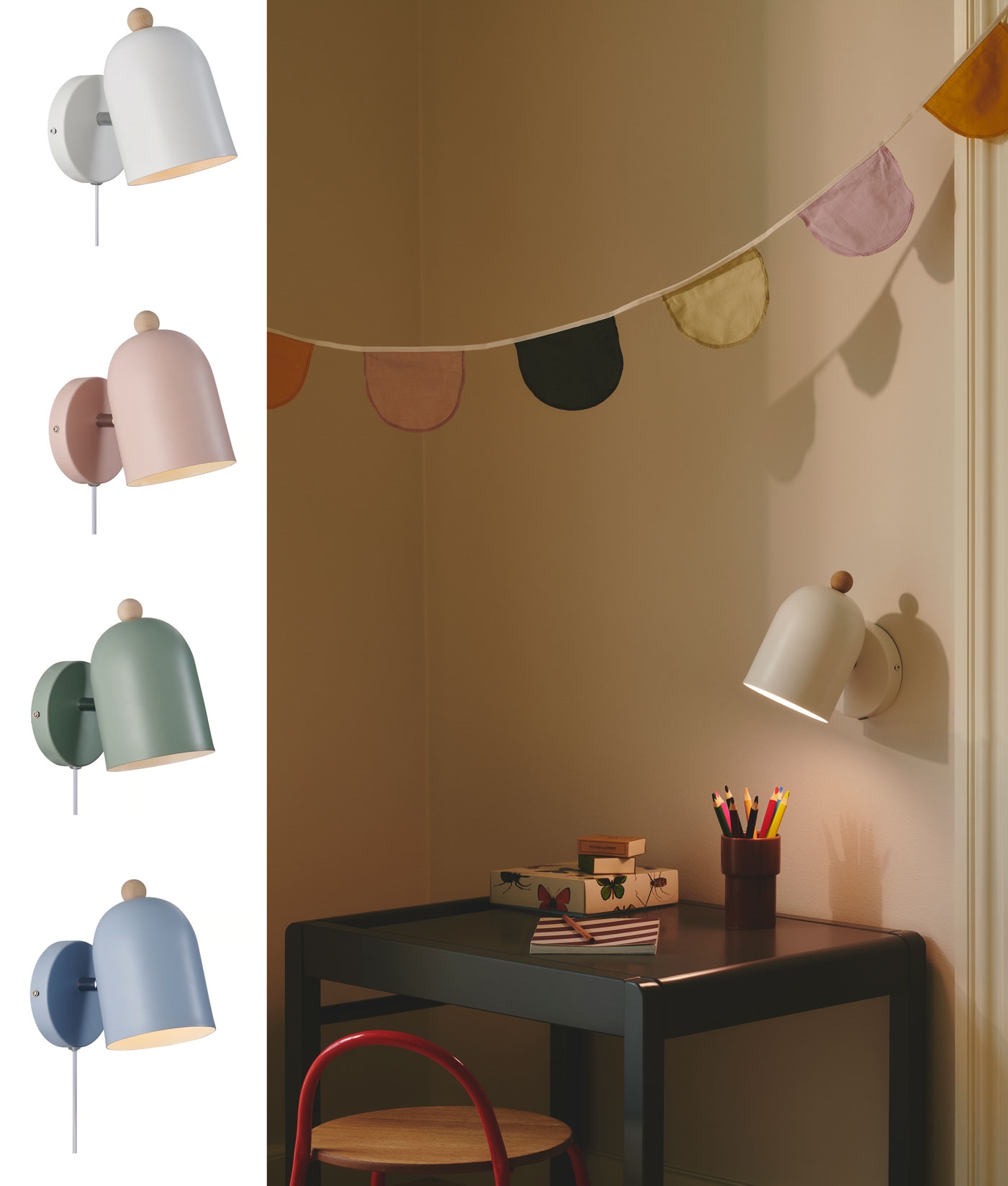 Adjustable Coloured Wall Light, Wood Detail & Trailing Lead and Plug