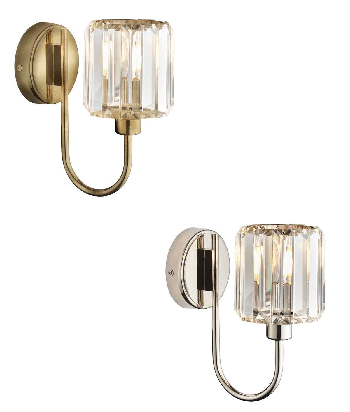 Cut-Crystal Glass Shade Wall Light with Swoop Arm - Nickel or Brass