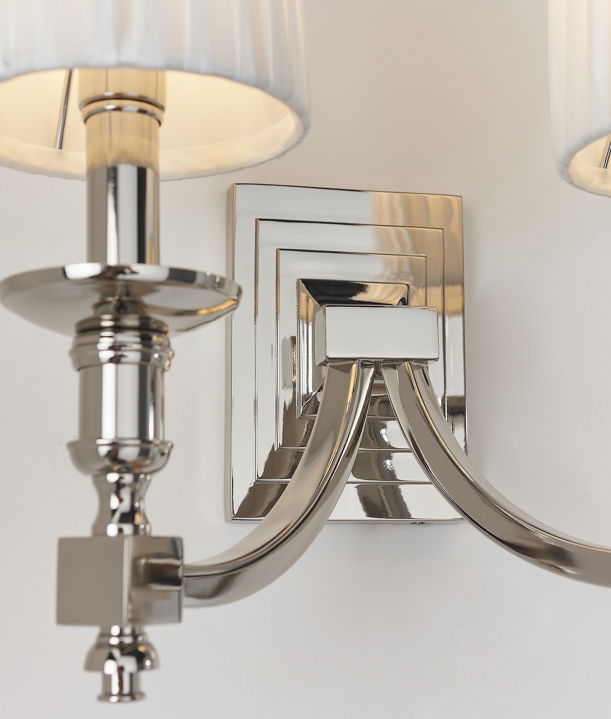 Double Arm Chrome Wall Light with Pleated White Shades