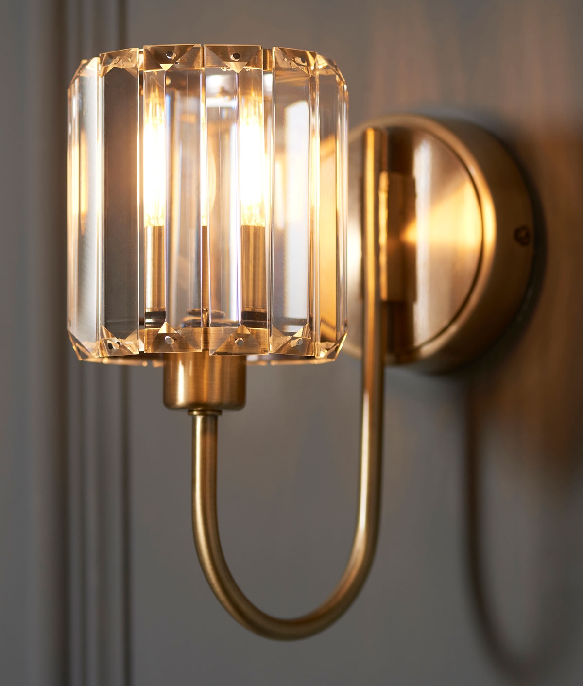 Cut-Crystal Glass Shade Wall Light with Swoop Arm - Nickel or Brass