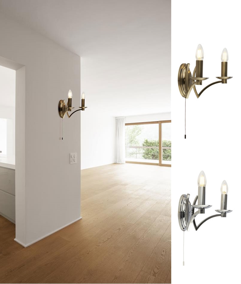 Traditional Style Double Arm Wall Light - Brass or Chrome Finish