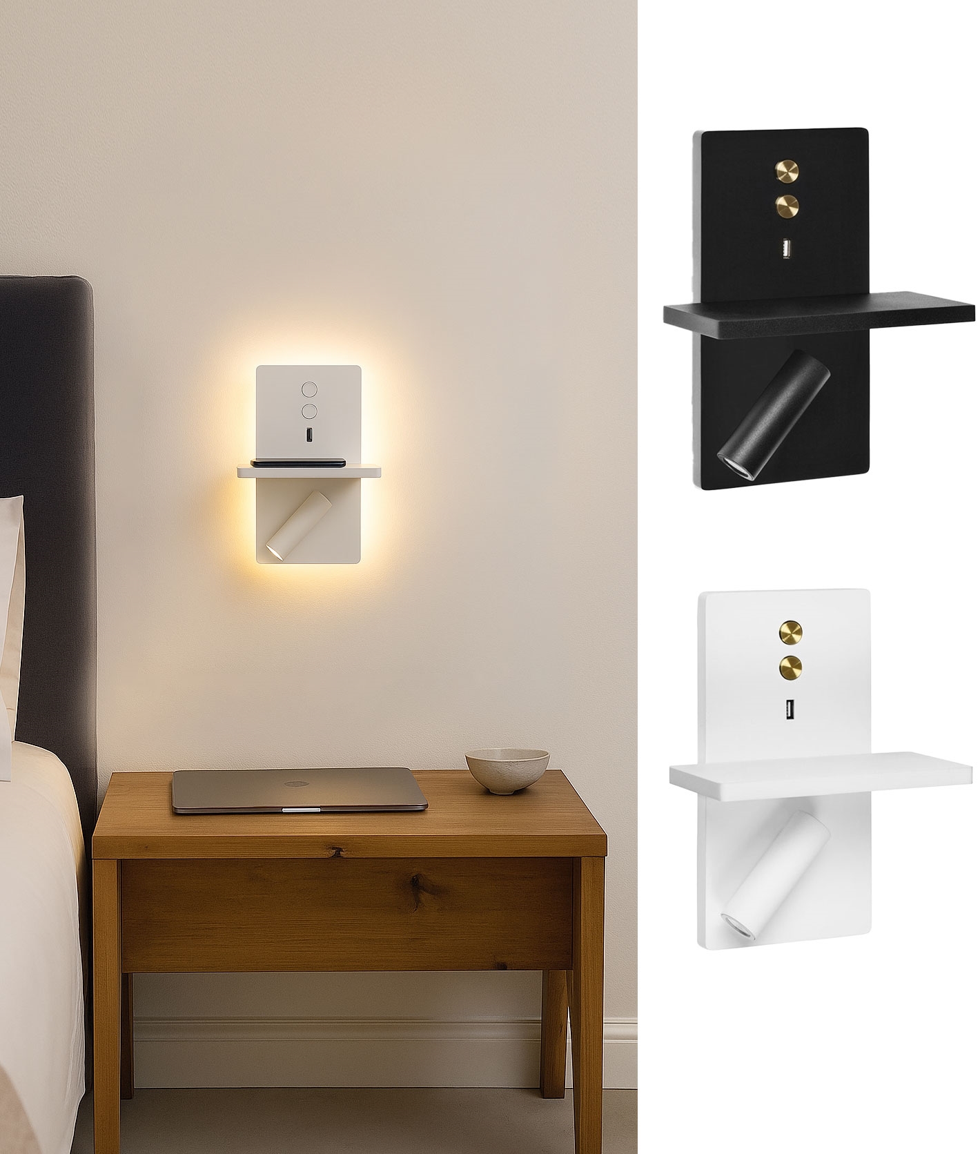 LED Backlit Bedside Light with Adjustable Reading Light, Shelf & USB ...