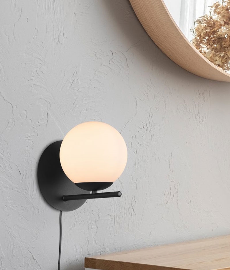 Glass Opal Globe Wall Light with Black Back Plate & Plugged