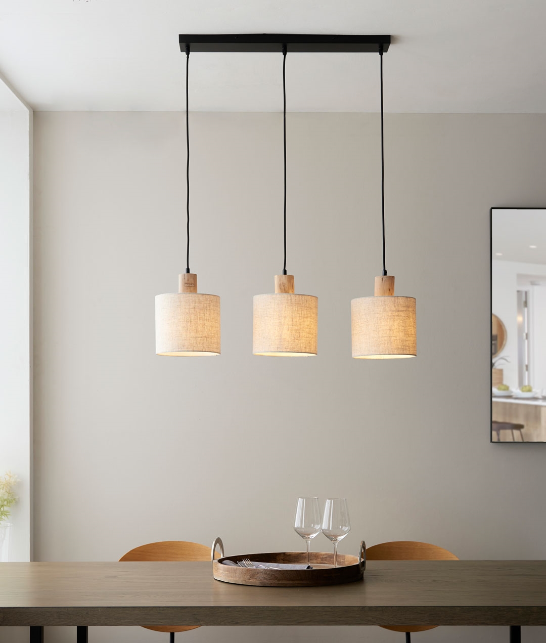 Linen Shaded 3 Light Bar Pendant with Eucalyptus Wood Detailing