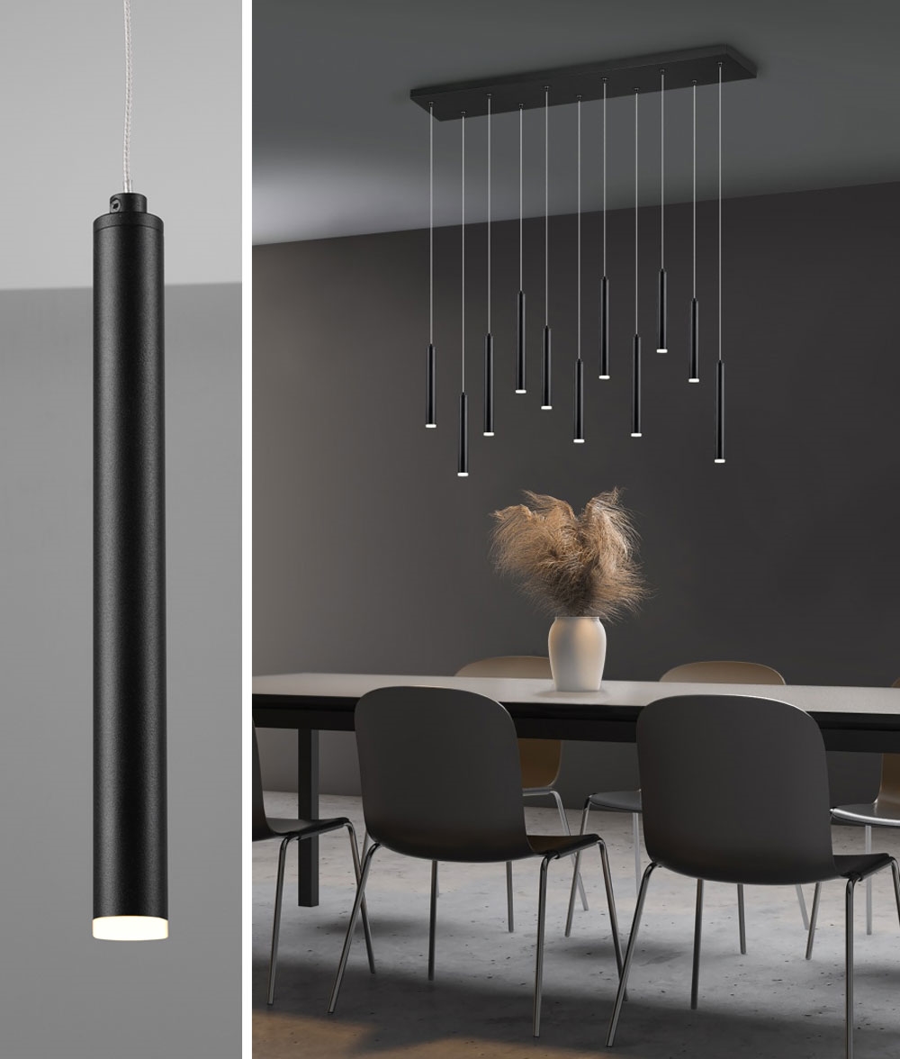 Tubular 11 Light Black LED Pendant - Mounted Flush to Ceiling