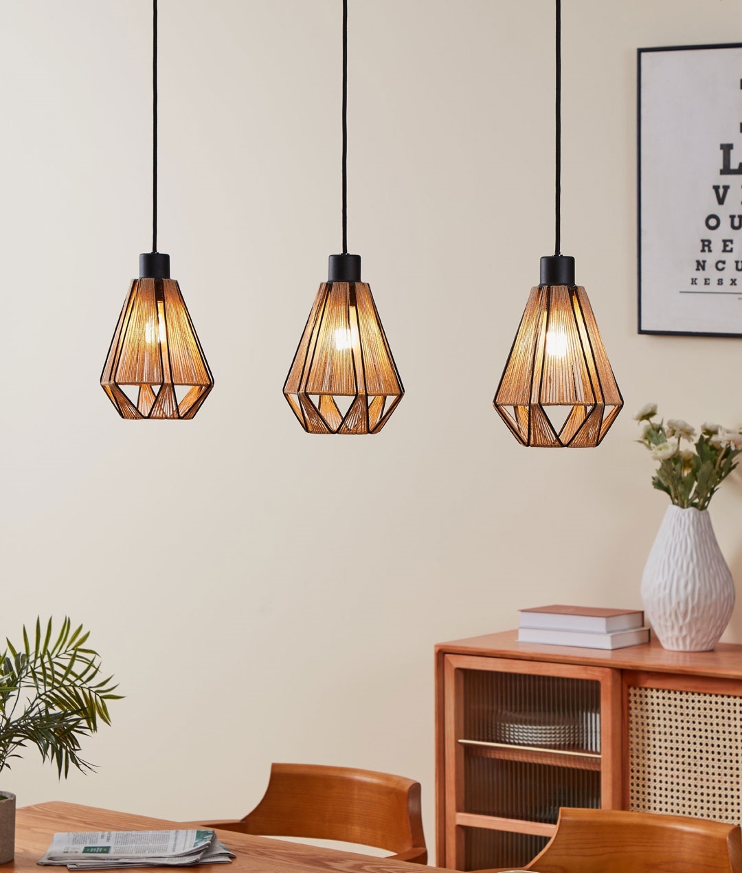 Black Triple Ceiling Bar Pendant - Modern Design with Raffia