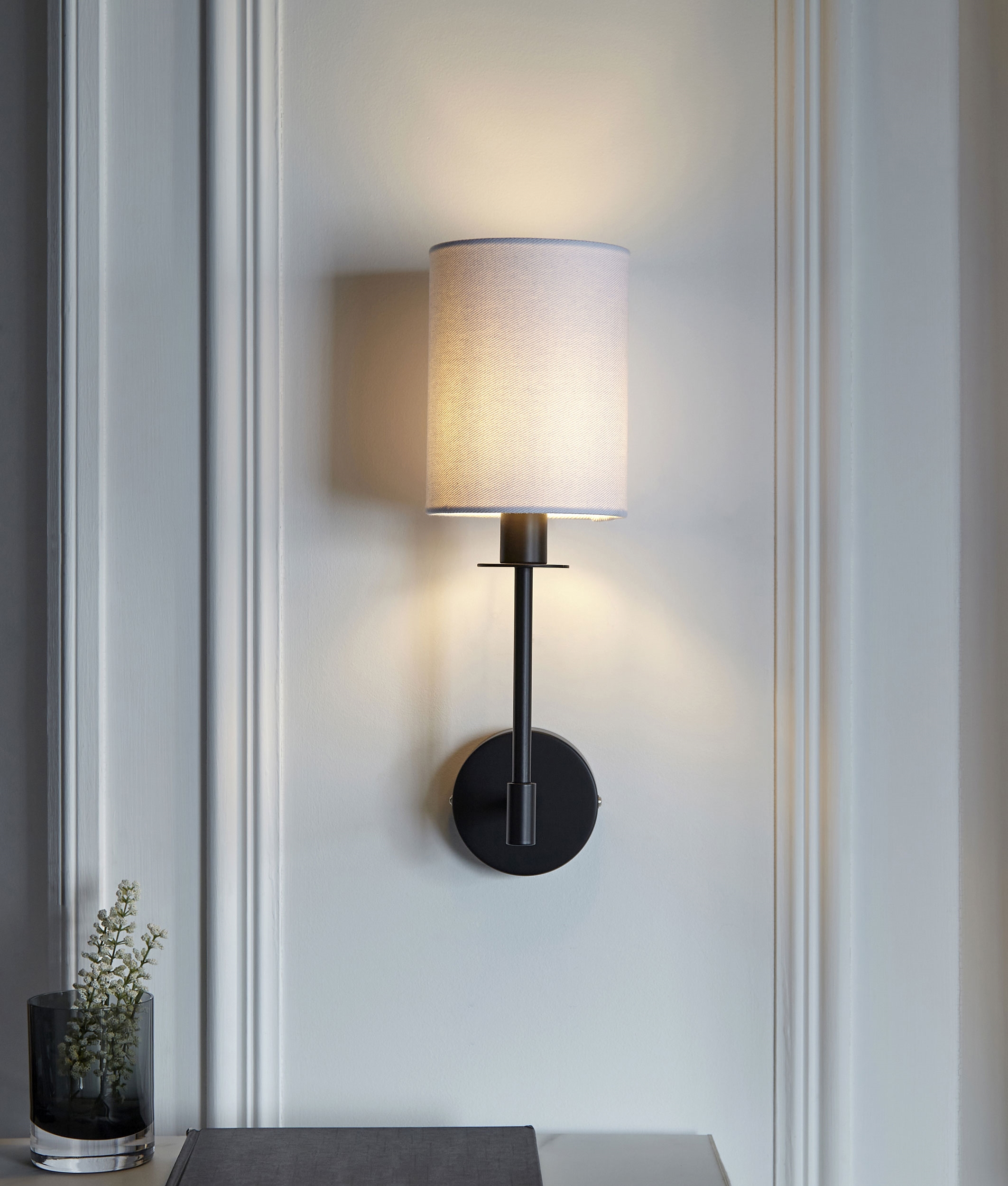 Classic Tall Dimmable Wall Light With Vintage White Fabric Shade