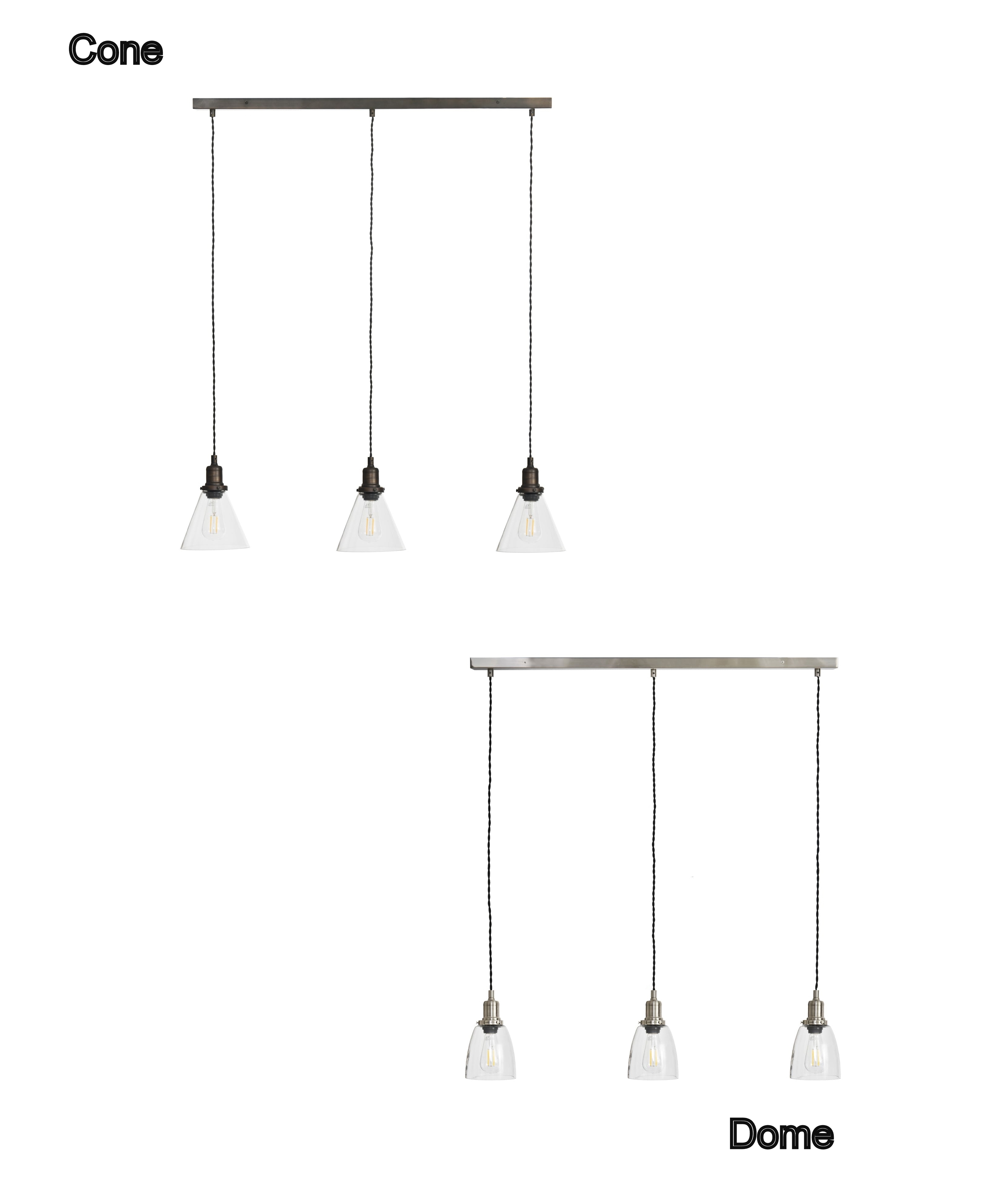 Cone or Dome Clear Glass Shaded Triple Bar Pendant