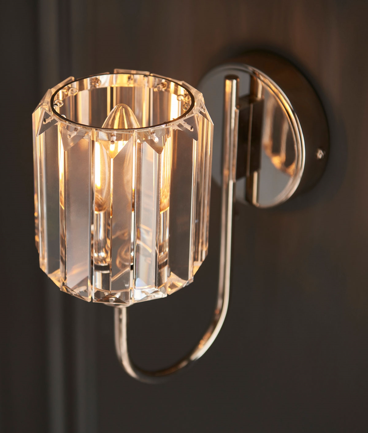Cut-Crystal Glass Shade Wall Light with Swoop Arm - Nickel or Brass