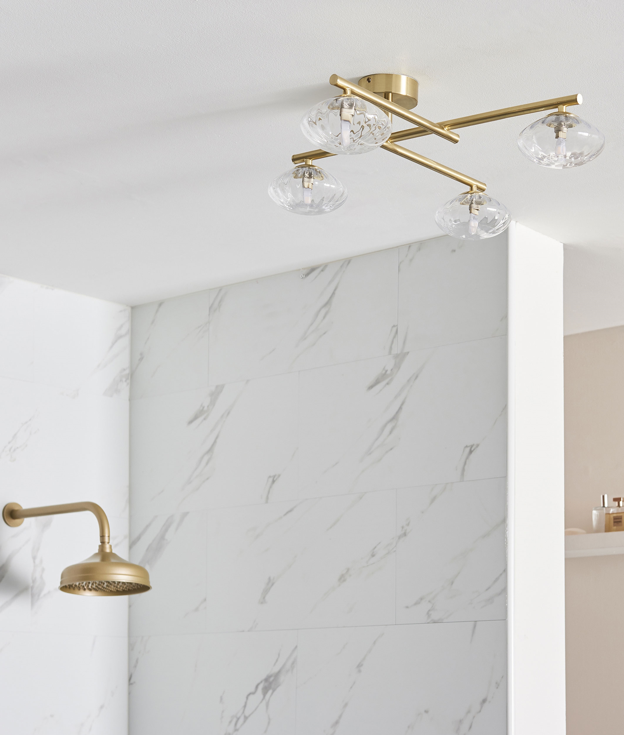 Mid Century Modern 4 Light Bathroom Ceiling Light - Brass & Clear Glass