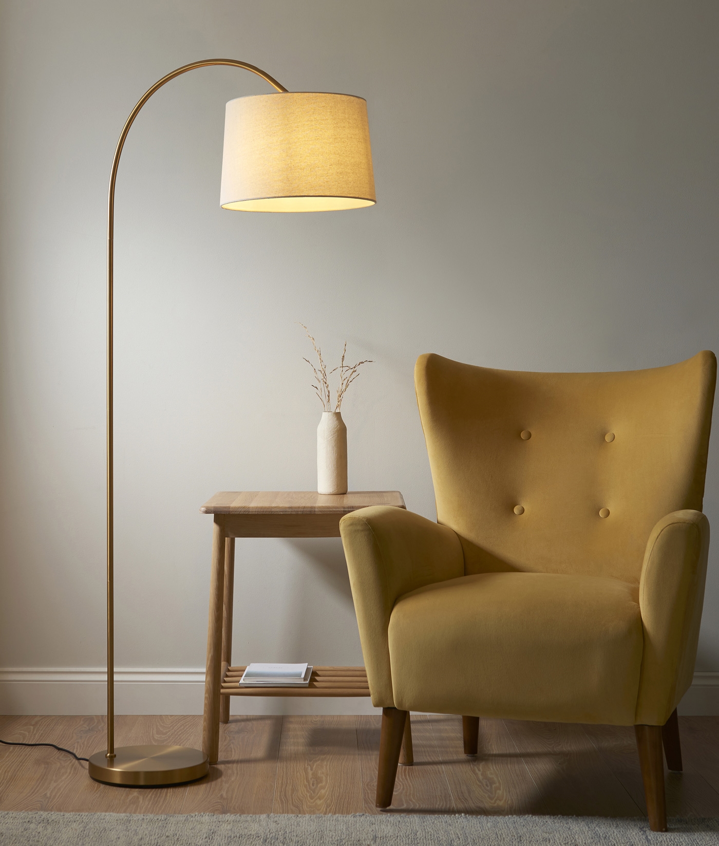 Curved Brushed Brass Floor Lamp with Natural Shade