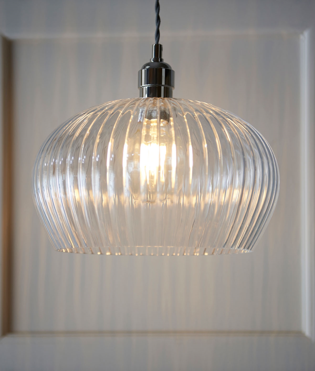 Bright Nickel Metalwork and Clear Ribbed Glass Pendants in 3 Sizes