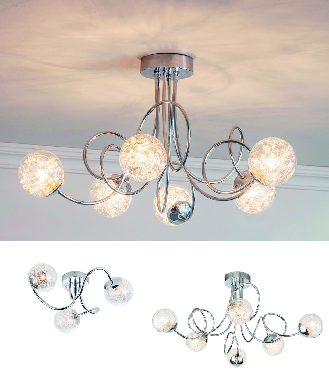Decorative Glass Swirly Chrome Finish 3 or 6 Light Flush Fitting
