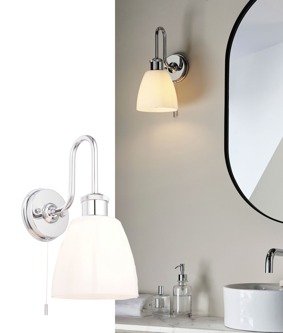 Opal Glass and Chrome Swan Neck Wall Light - IP44
