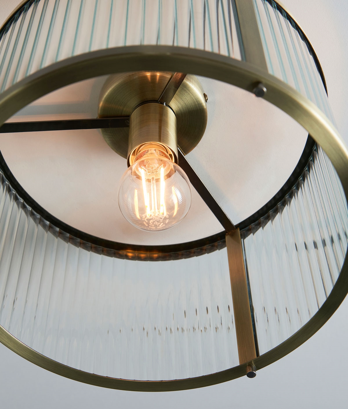 Antique Brass & Ribbed Glass Classic Style Ceiling Light - Flush Mounted