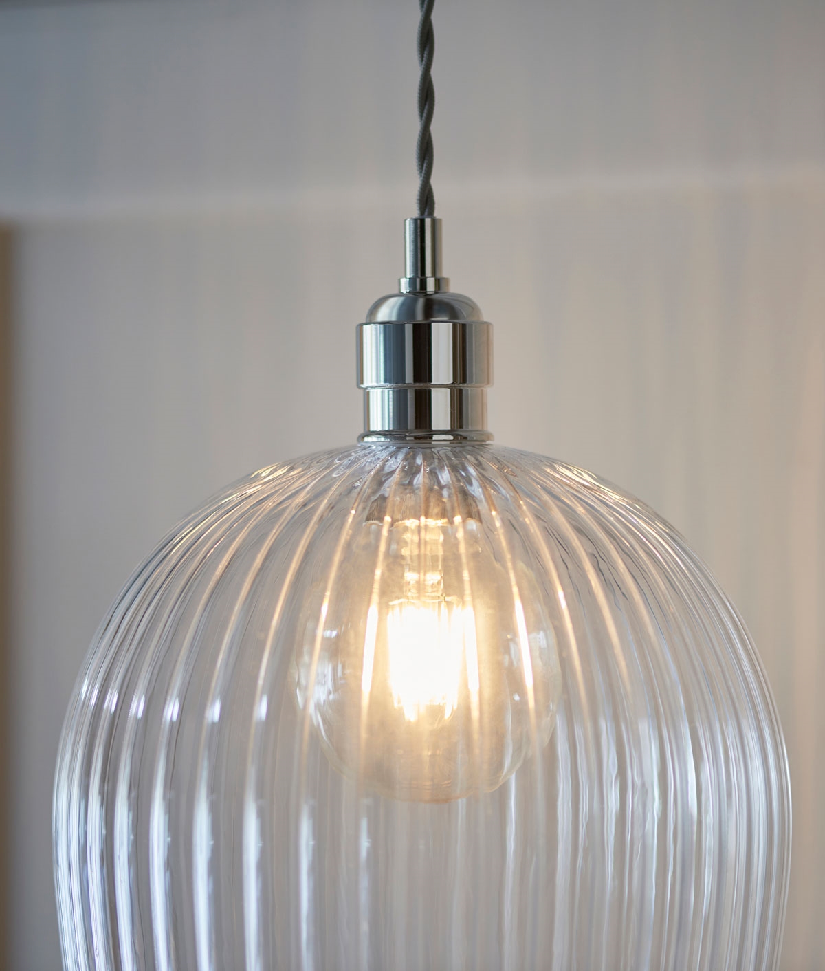 Bright Nickel Metalwork and Clear Ribbed Glass Pendants in 3 Sizes