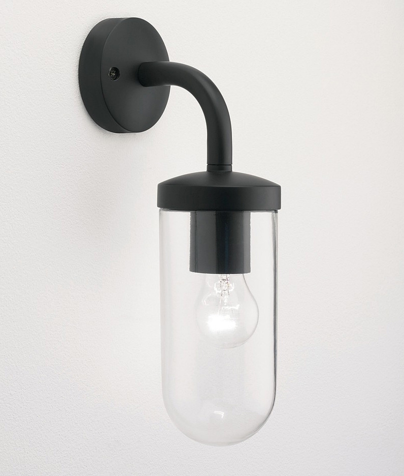Contemporary exterior wall lantern with a clear glass shade in black or ...