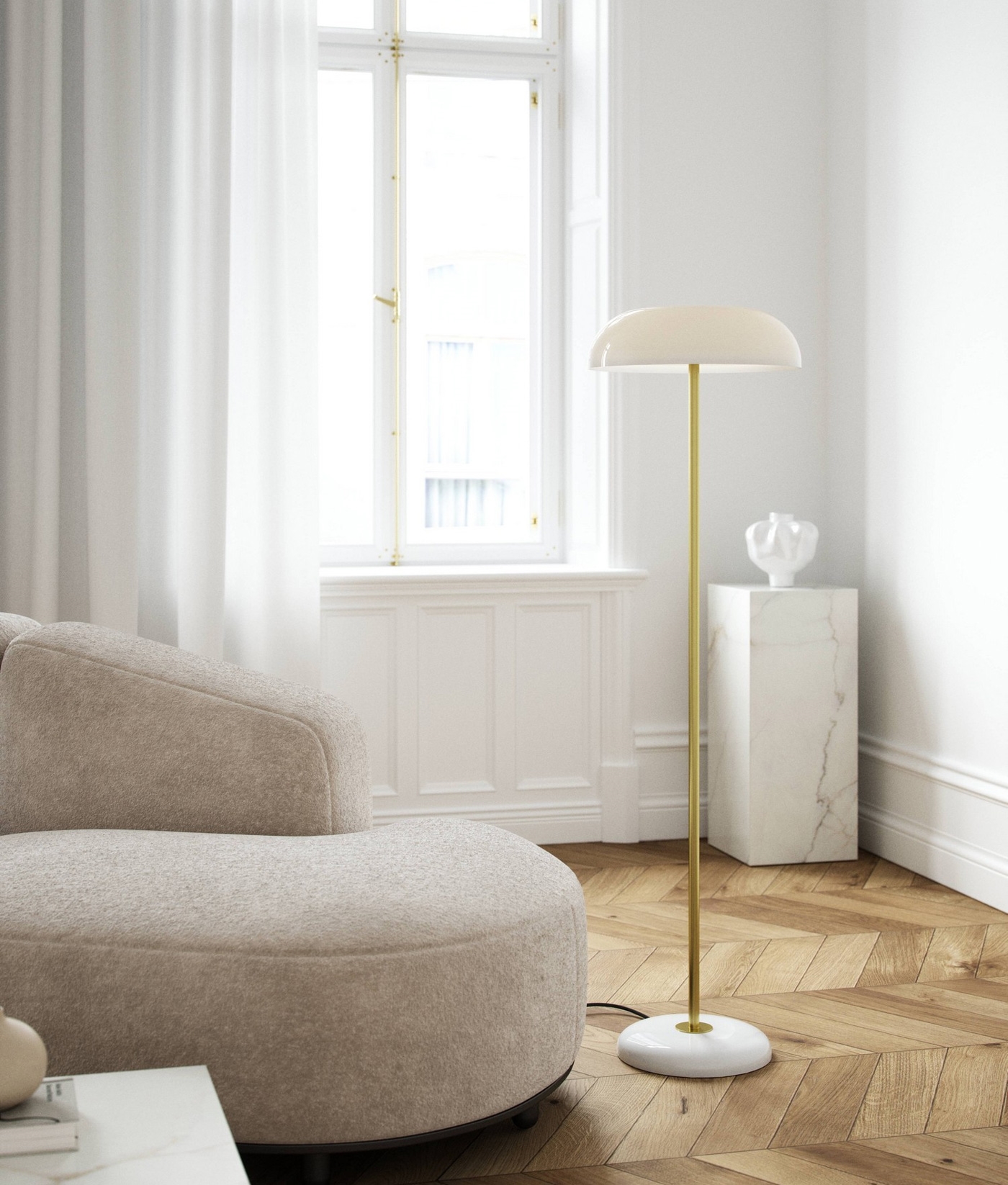 White Shade, Brass Stand and Marble Base Floor Lamp