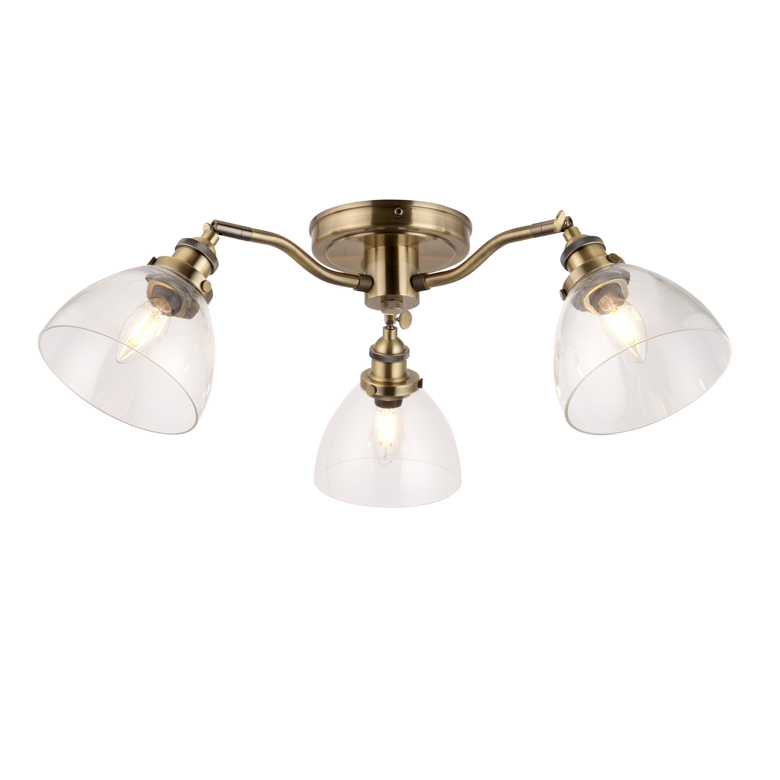 Industrial 3 Light Antique Brass & Clear Glass Flat Ceiling Light