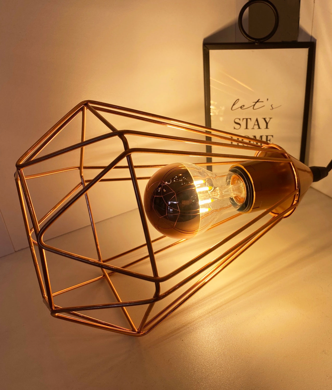 Eglo Tarbes Copper Wire-Frame Table Lamp - Diamond Jewel Design