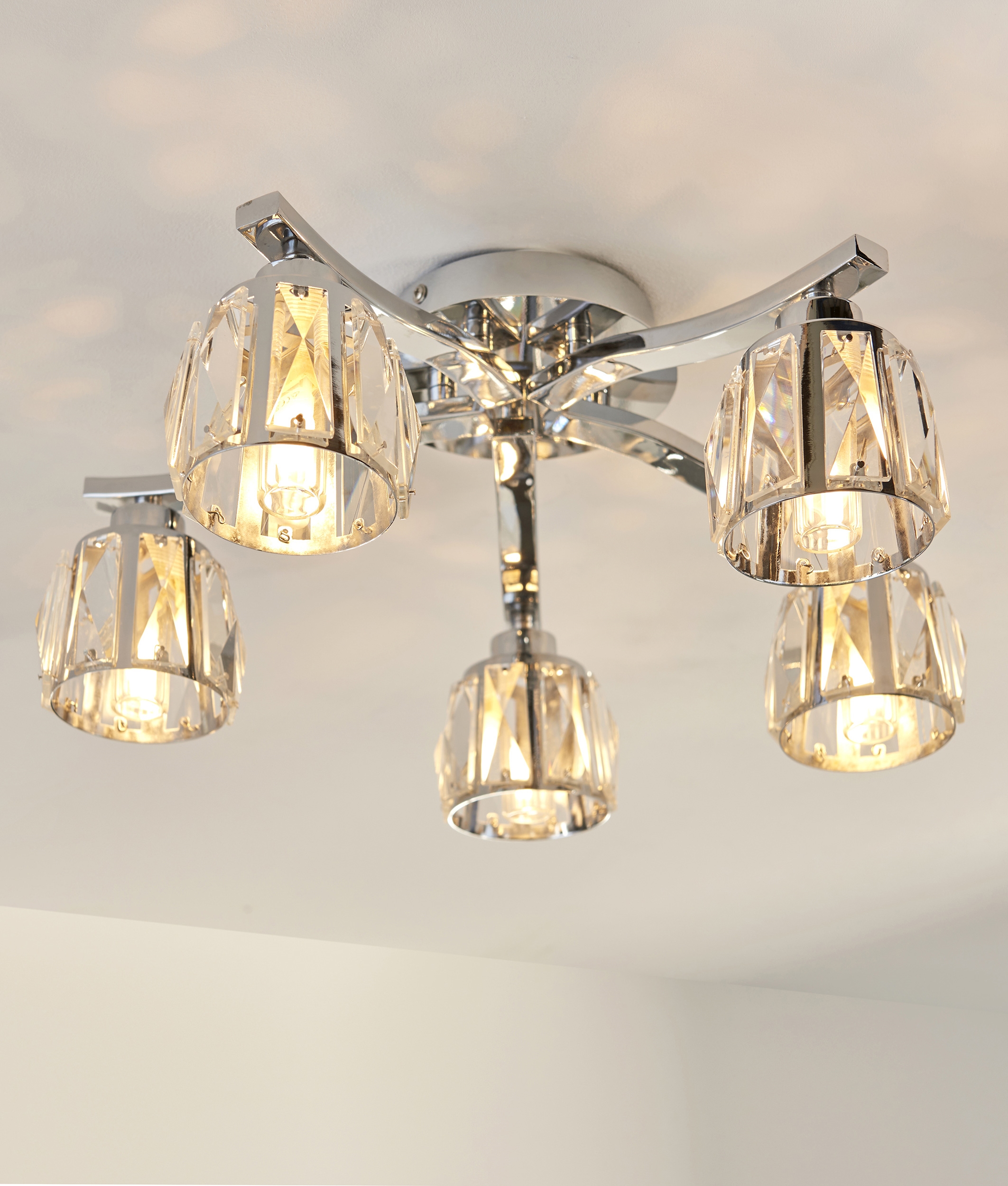 5 Light Semi Flush Bathroom Ceiling Chandelier - Chrome & Crystal