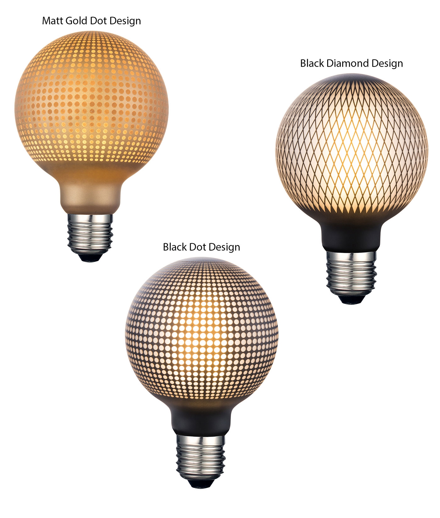 E27 LED 4W Diamond or Dot Patterned Globe Lamp - Gold, Black or Silver