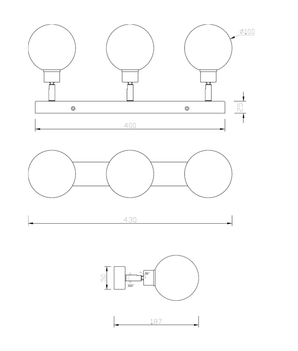 Black or Chrome Triple Globe Ceiling Bar for Bathroom Zone 2 IP44